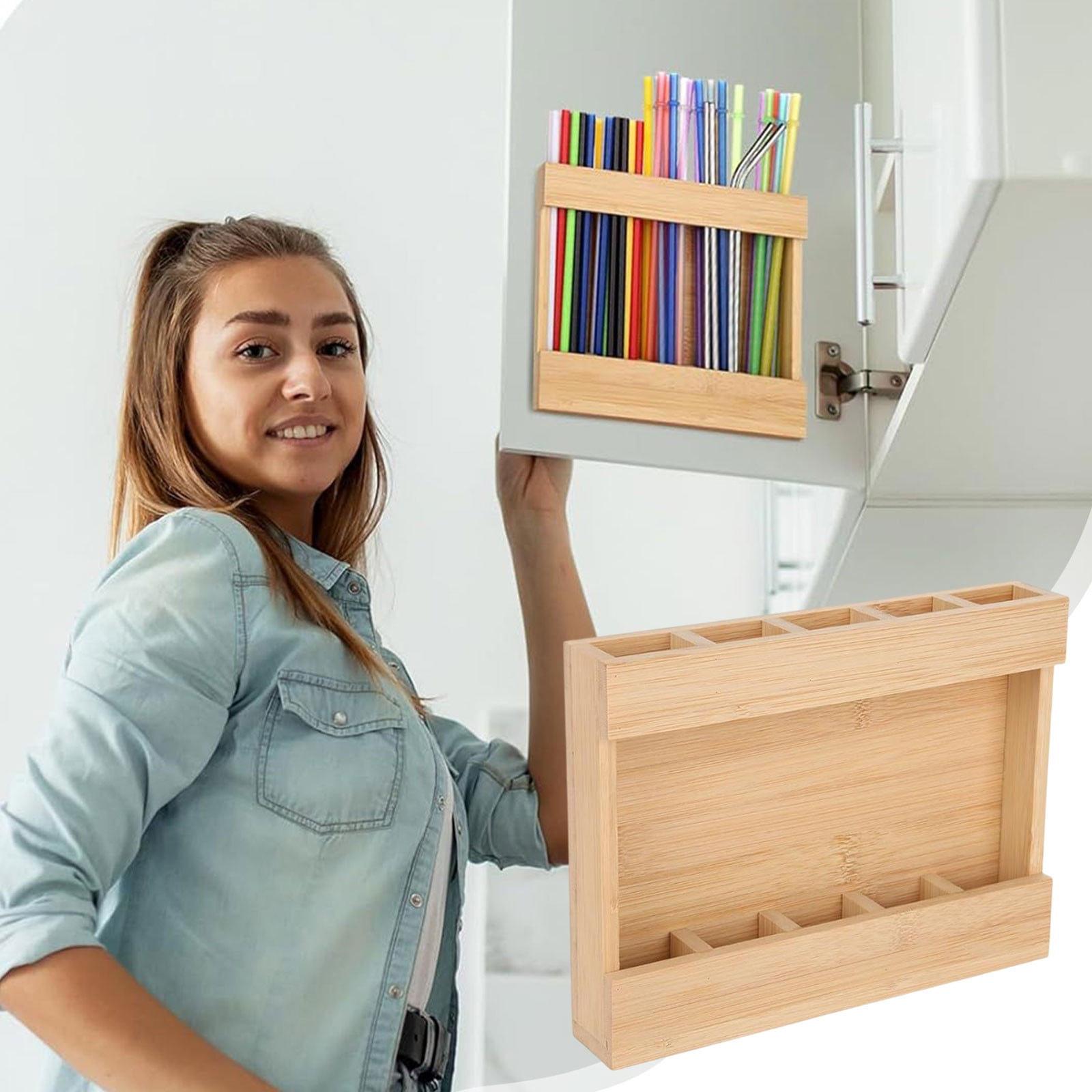 Bksdlh Hangable Bamboo Straw Organizer with Adhesive Tapes, 9.45x6.3x1 ...