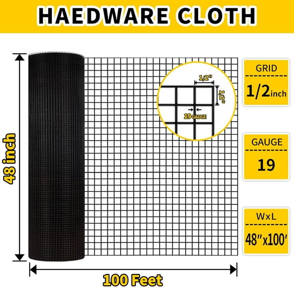 Black 1/2in Hardware Cloth Wire Mesh – 48in x 100ft, 19 Gauge ...