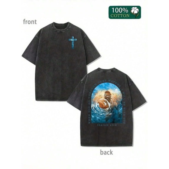 Black 1 Faded Washed Cotton Mens Graphic T-Shirt Isaiah 43:2 Scripture ...