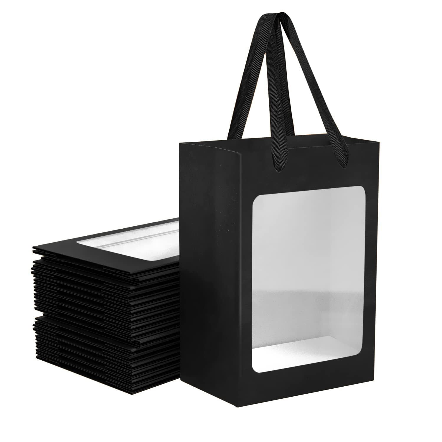 Black 1 count (Pack of 12) Paper Gift Bags with Transparent Window and ...