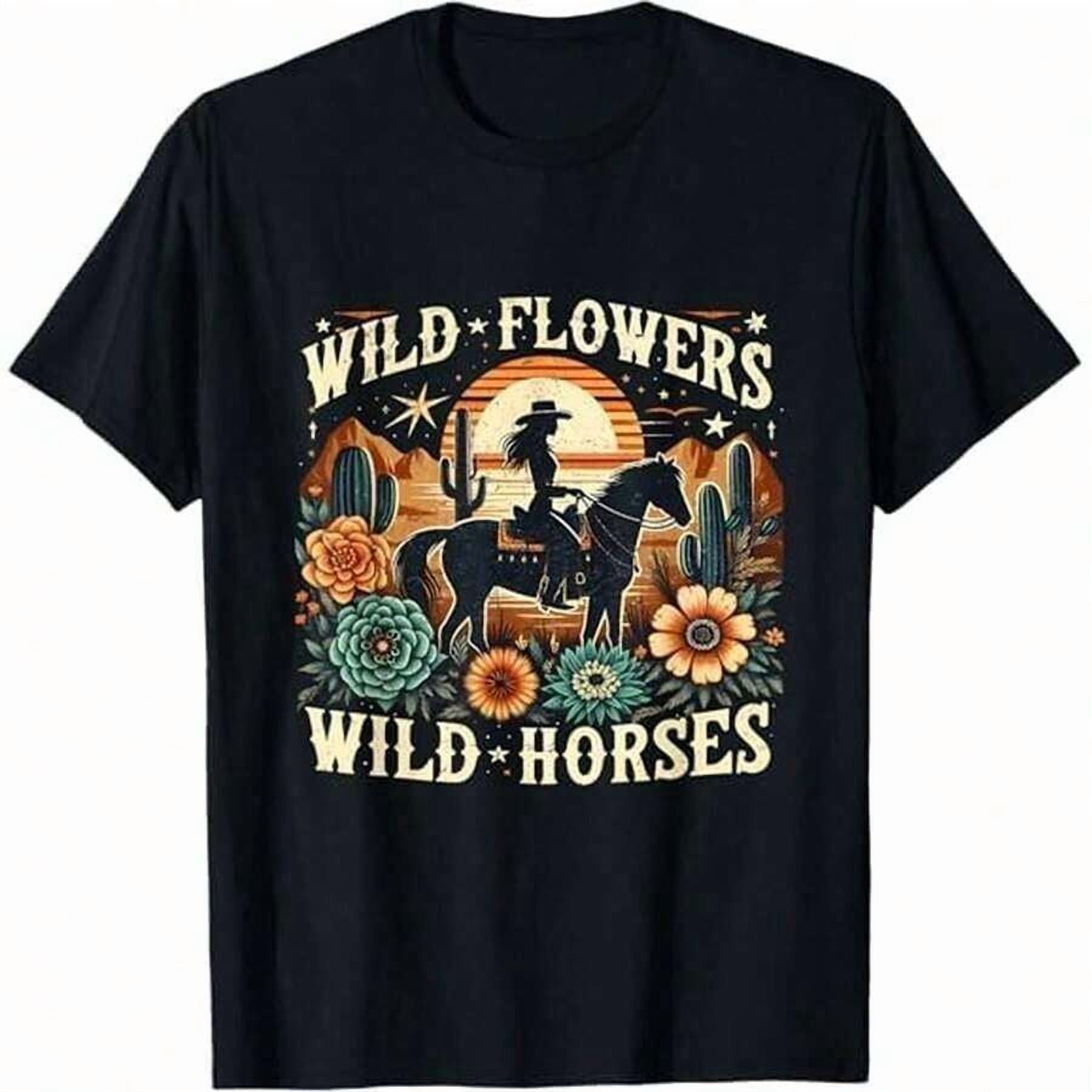 Black 10 Wild Flowers Wild Horses Vintage Graphic T-Shirt For Women ...
