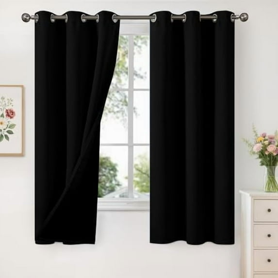 Black 100% Blackout Curtains 63 Inches Long for Bedroom, Room Darkening ...