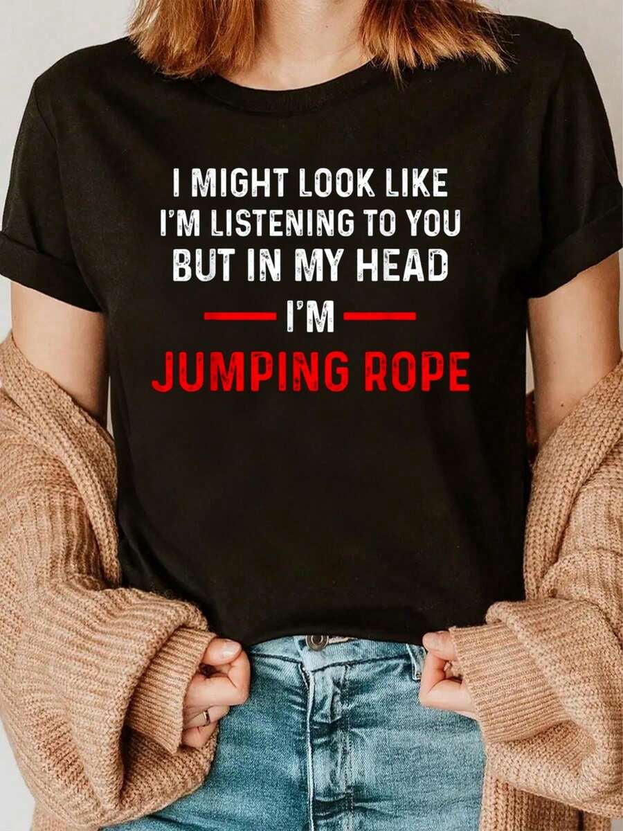 Black 100% Cotton Graphic T-Shirt With Jumping Rope Slogan For Women ...