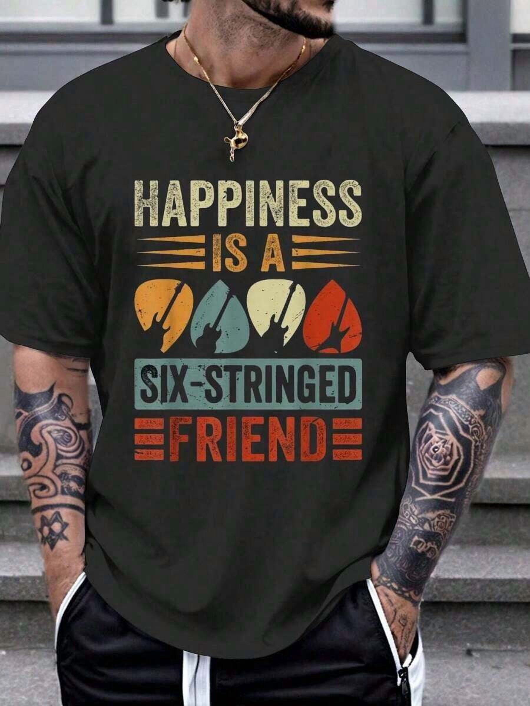 Black 100% Cotton Happiness Is A Six-Stringed Friend Guitar Graphic Tee ...