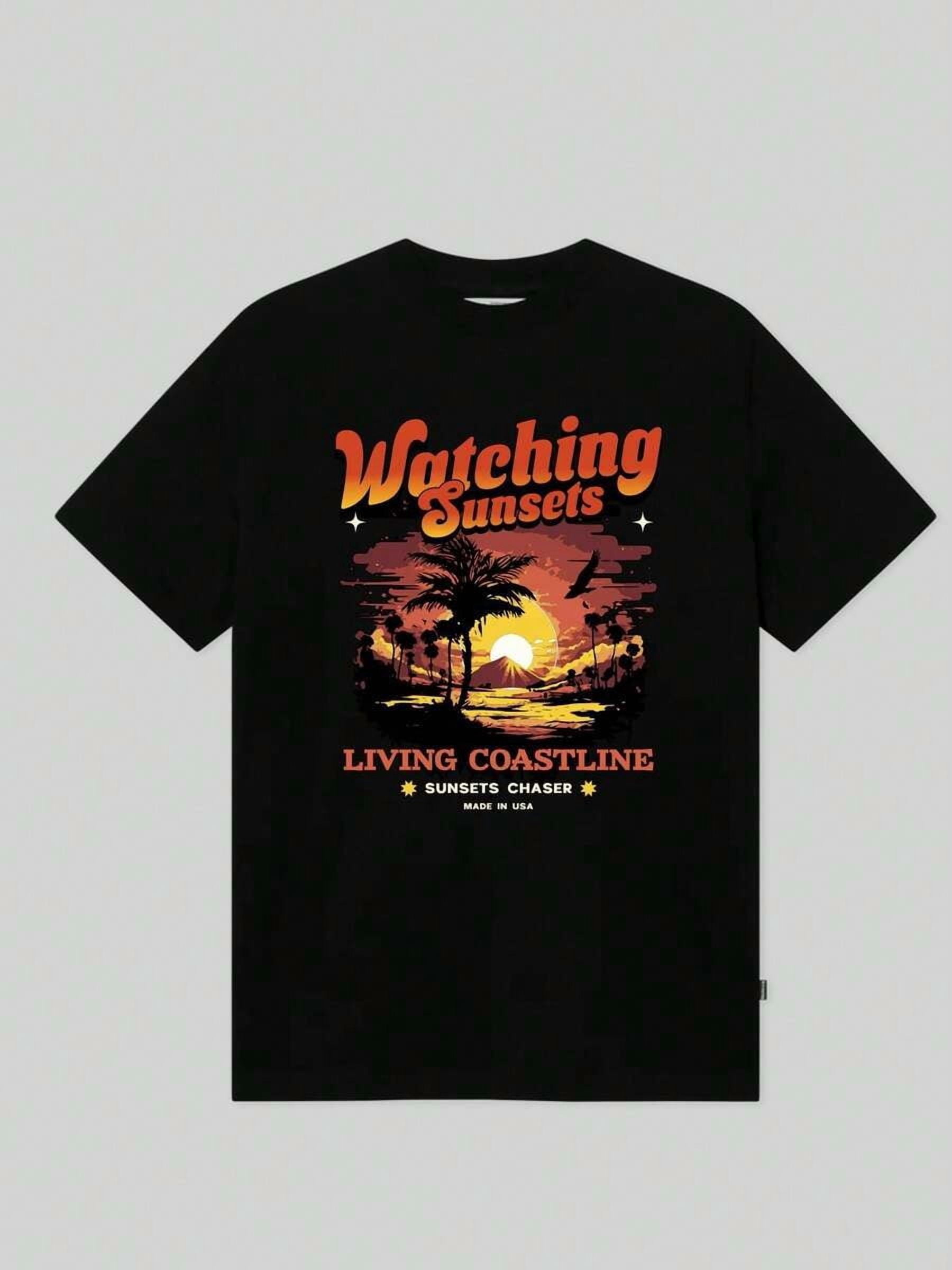 Black 100% Cotton Mens Crew Neck Graphic T-Shirt Watching Sunsets ...