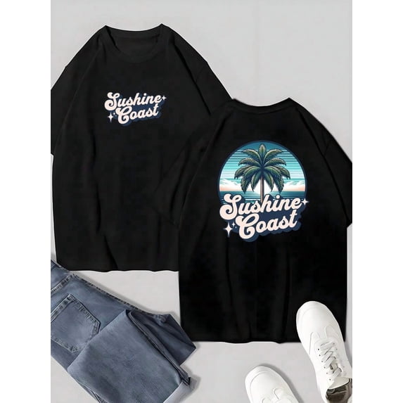 Black 100% Cotton Mens Crew Neck Graphic T-Shirt With Sushine Coast ...