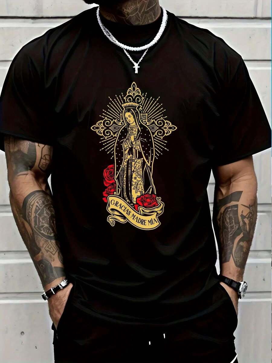 Black 100% Cotton Our Lady Of Guadalupe Virgin Mary Graphic Tee Men ...