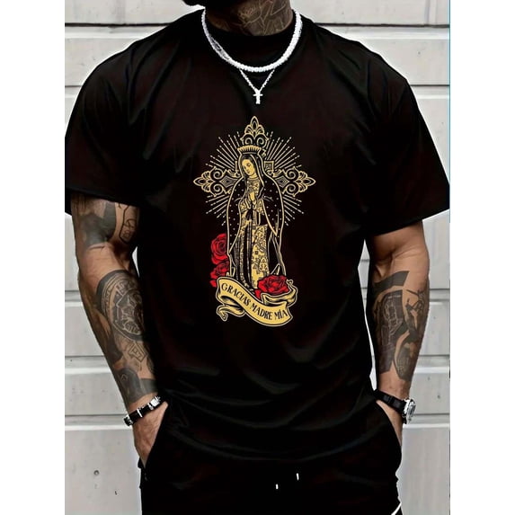 Black 100% Cotton Our Lady Of Guadalupe Virgin Mary Graphic Tee Men ...