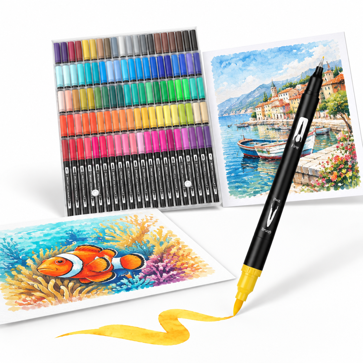 Black 100 Count Dual Tip Watercolor Art Markers Set for Coloring ...