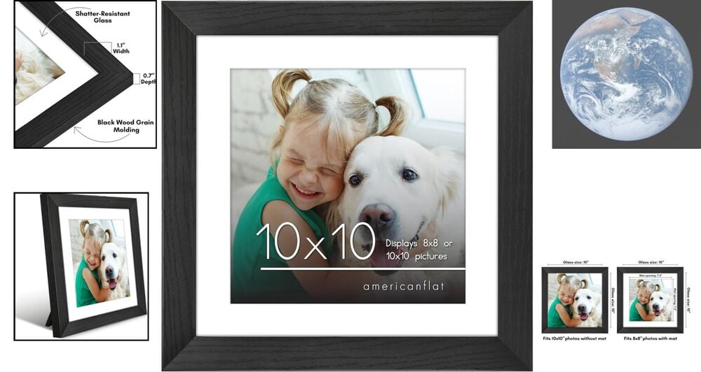 Black 10x10 Picture Frame - Use as 8x8 Frame with Mat or 10x10 Frame ...