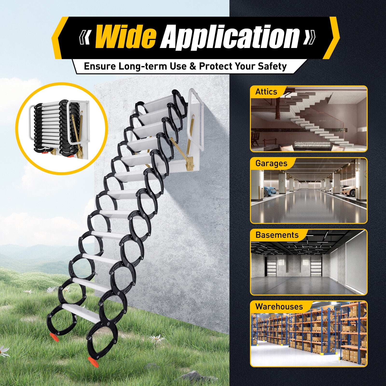 Black 12 Step Wall Mounted Folding Loft Ladder Stairs for Decorative ...