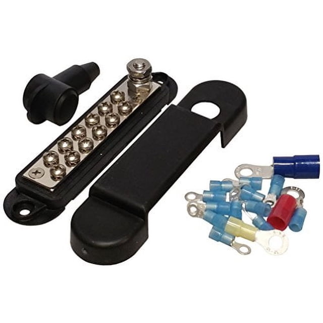 (Black) 12 Terminal Distribution Block -BUSBAR- with Ring Terminals ...