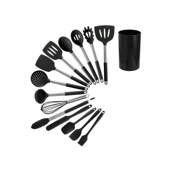 Black 15pcs Silicone Cooking Utensils Set With Holder, Heat Resistant ...