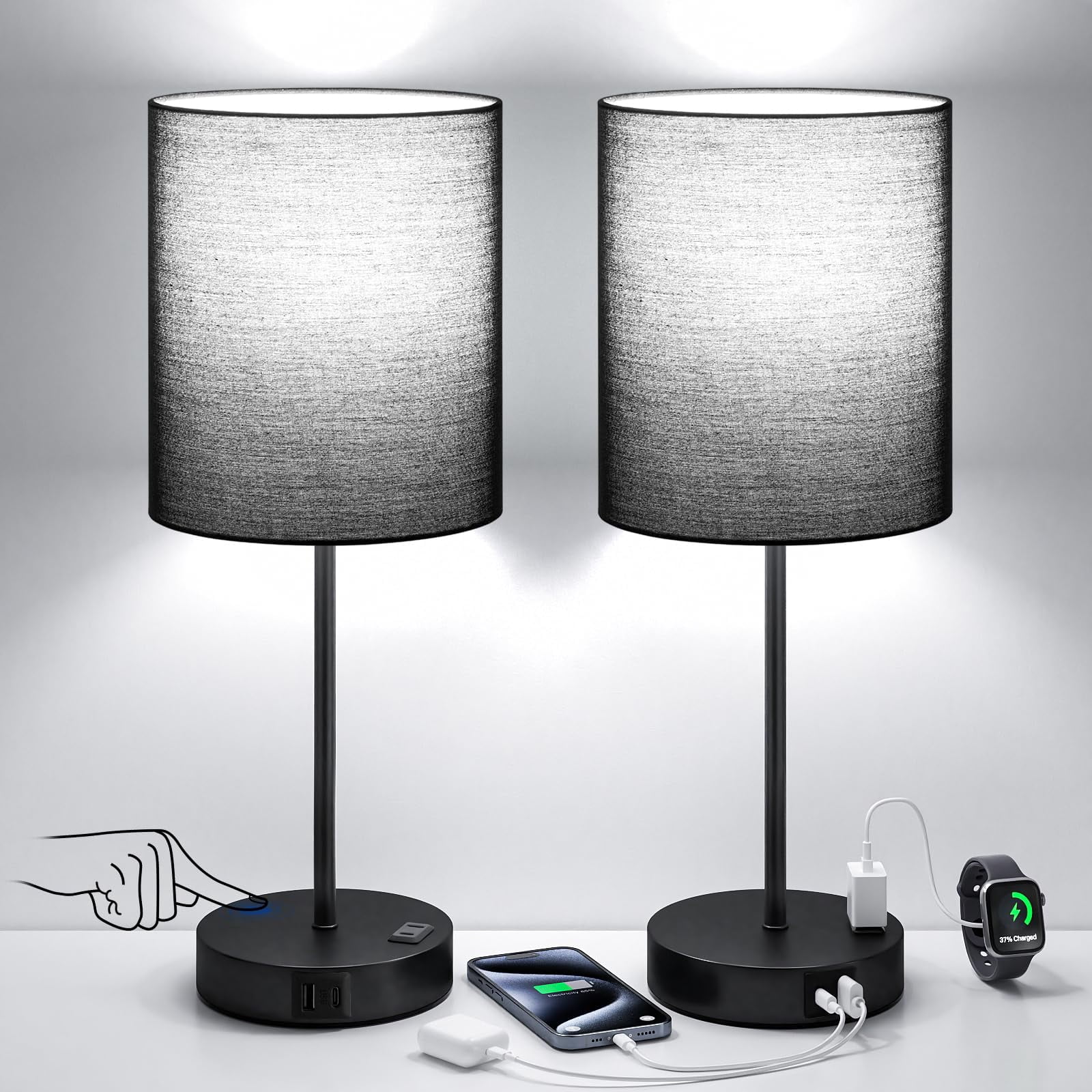 Black 17.6in Table Lamp Set of 2 for Bedroom Living Room Home Office ...
