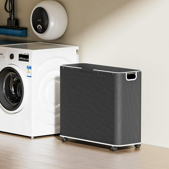 Black 180L 3-Section Rolling Laundry Basket with Lid - Large Hamper ...