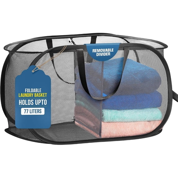 Black 2-Compartment Mesh Laundry Basket, 77L Foldable Clothes Sorting ...