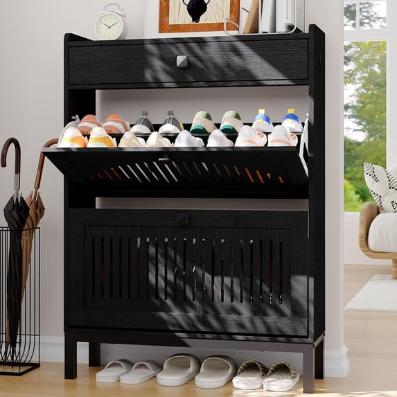 Black 2-Door Flip Front Shoe Cabinet – Freestanding Wooden Shoe Rack ...