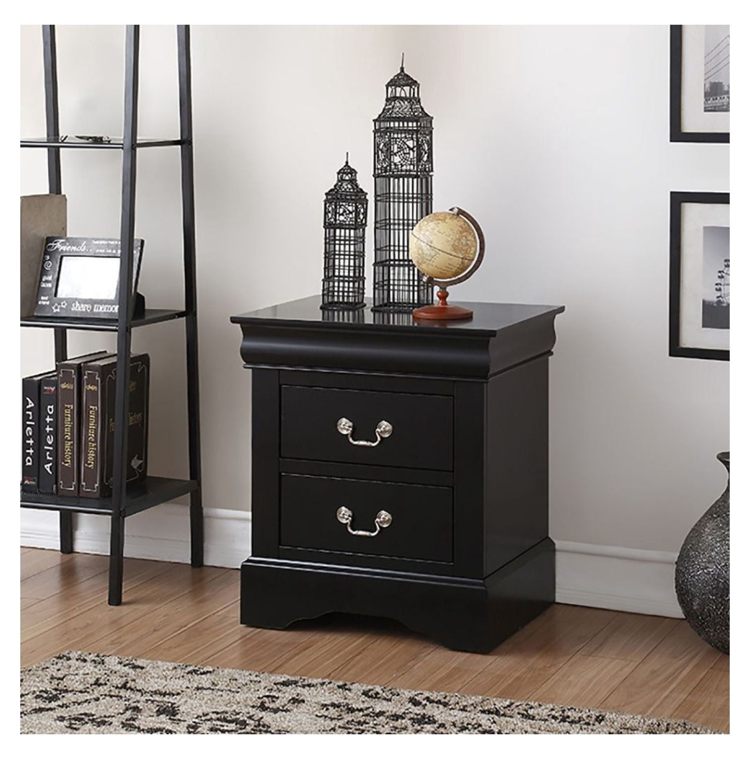 Black 2-Drawer Nightstand - Bedside Table with Metal Glides & Handles ...