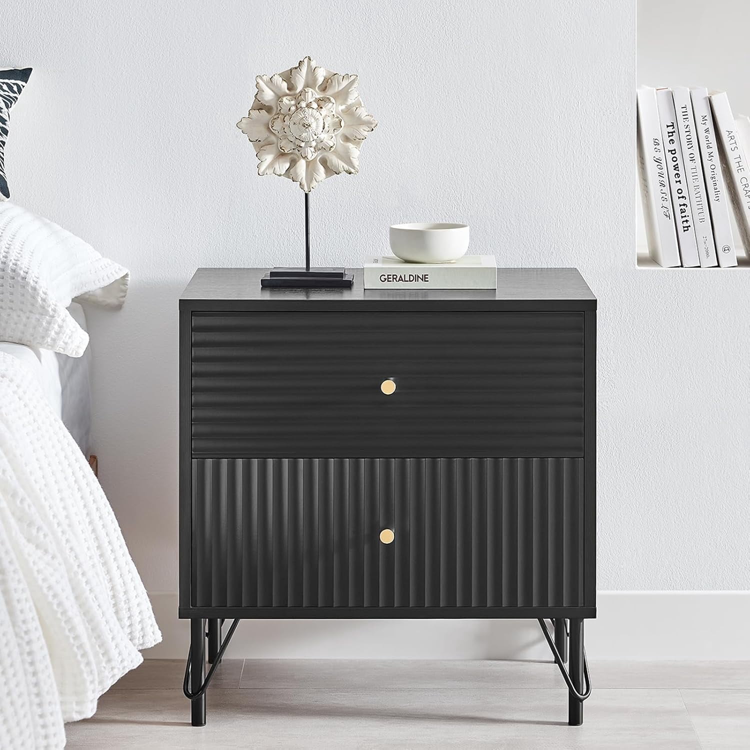 Black 2 Drawers Nightstand, 22” Fluted Bed Night Stand Bedroom Bedside ...