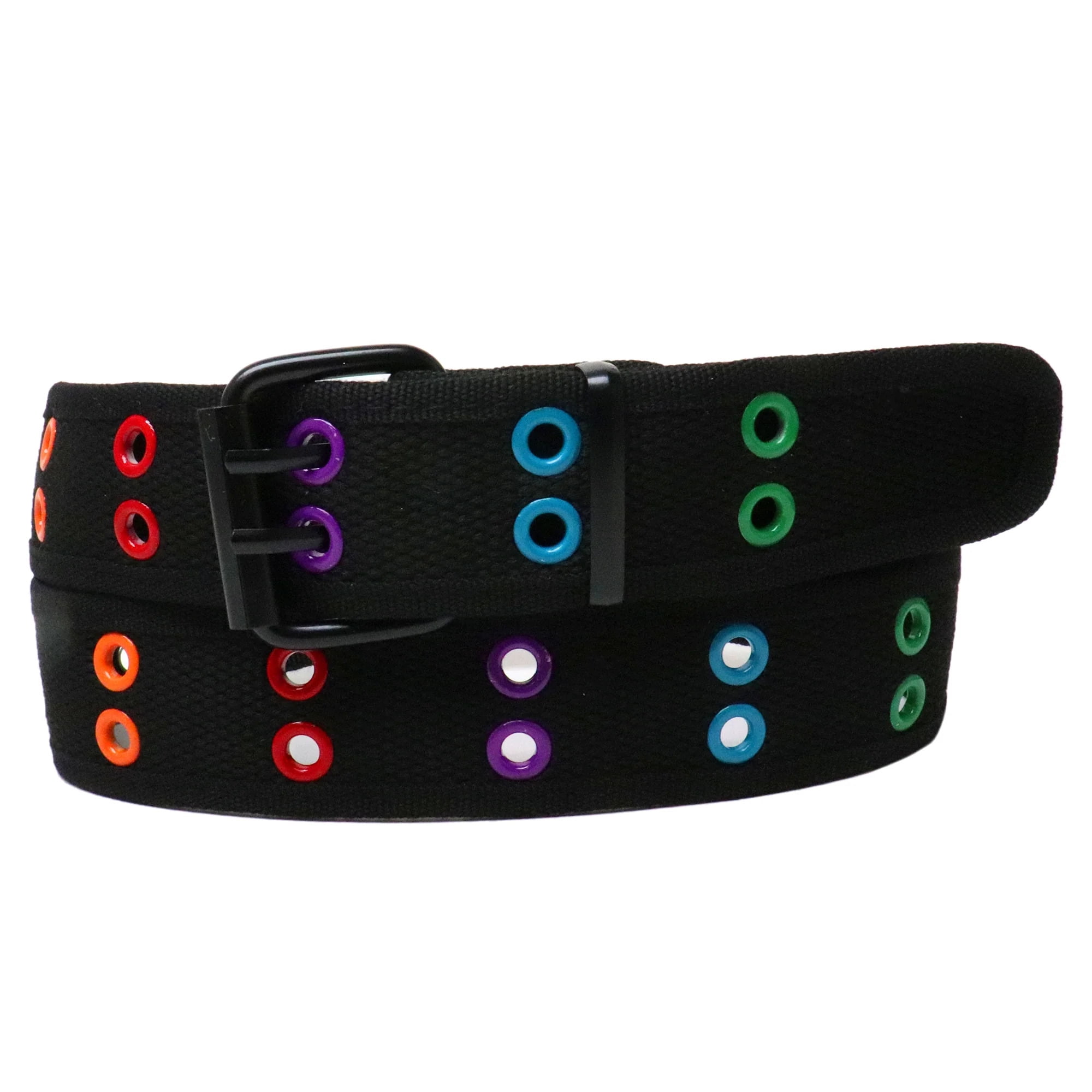 Black 2 Holes Row Rainbow Grommet Stitched Canvas Fabric Web Belt ...