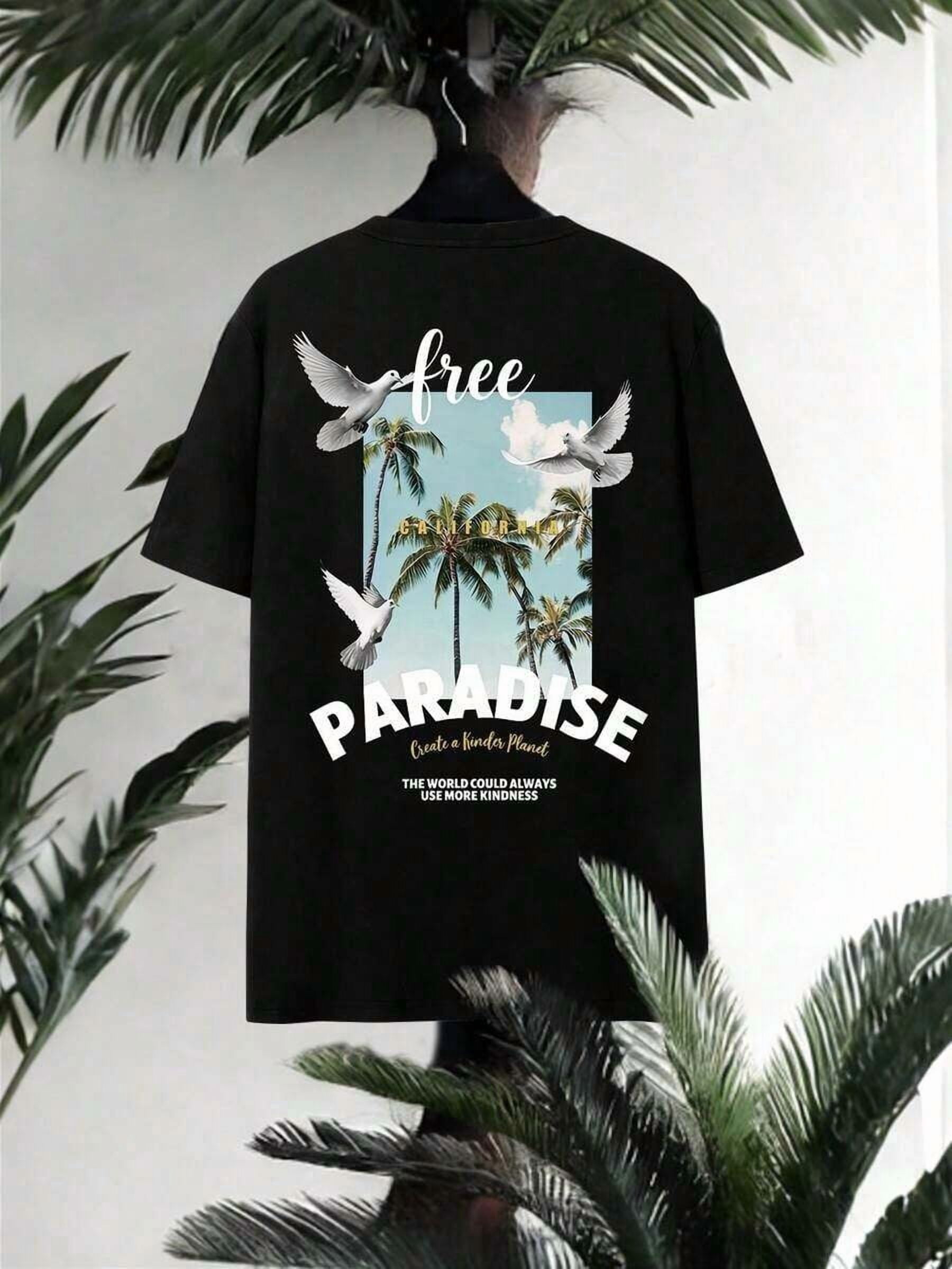 Black 2 Mens Crew Neck Graphic Tee With Paradise Dove Palm Print ...
