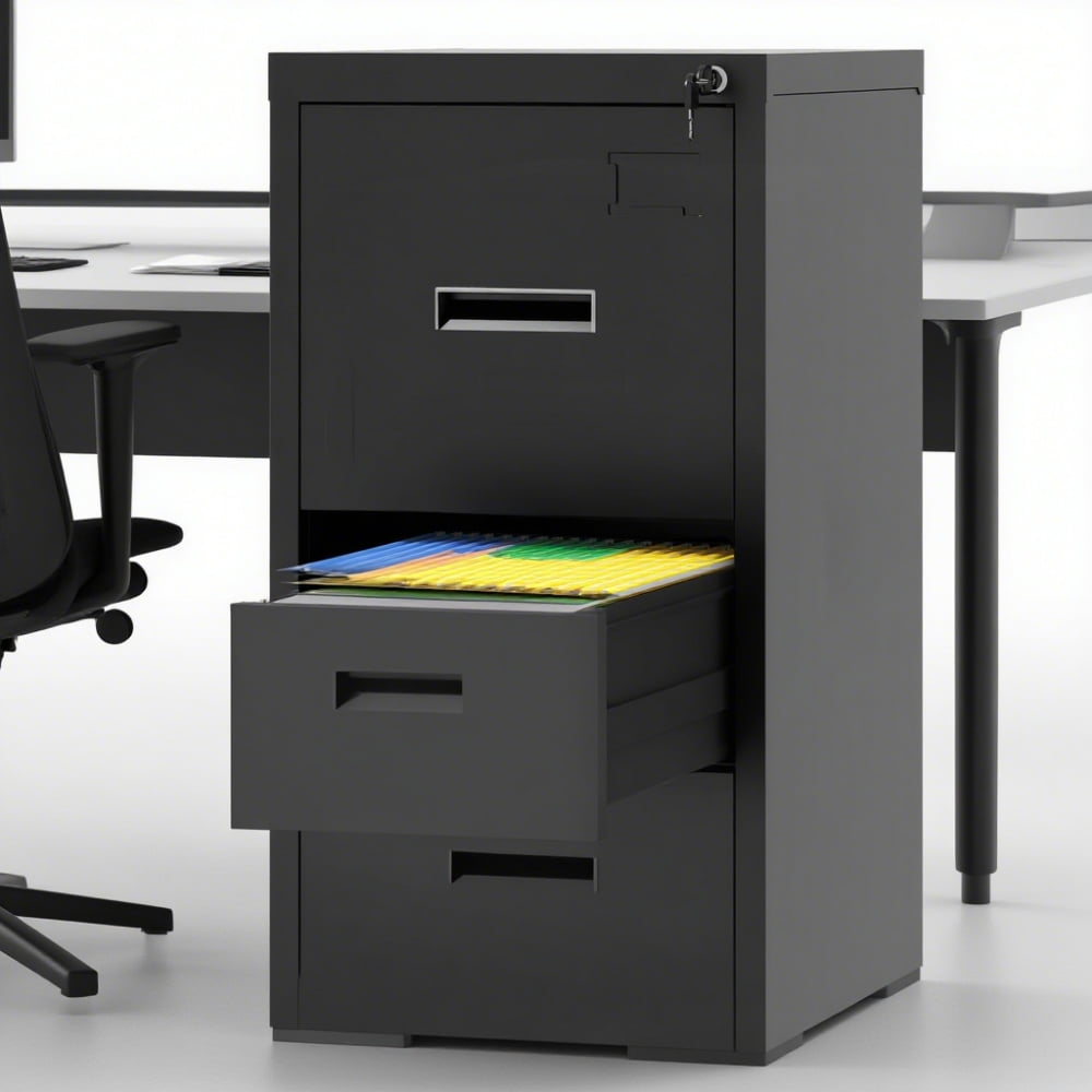 Black 2 Metal Vertical File Cabinet with Lock and Card Slots, Printer ...