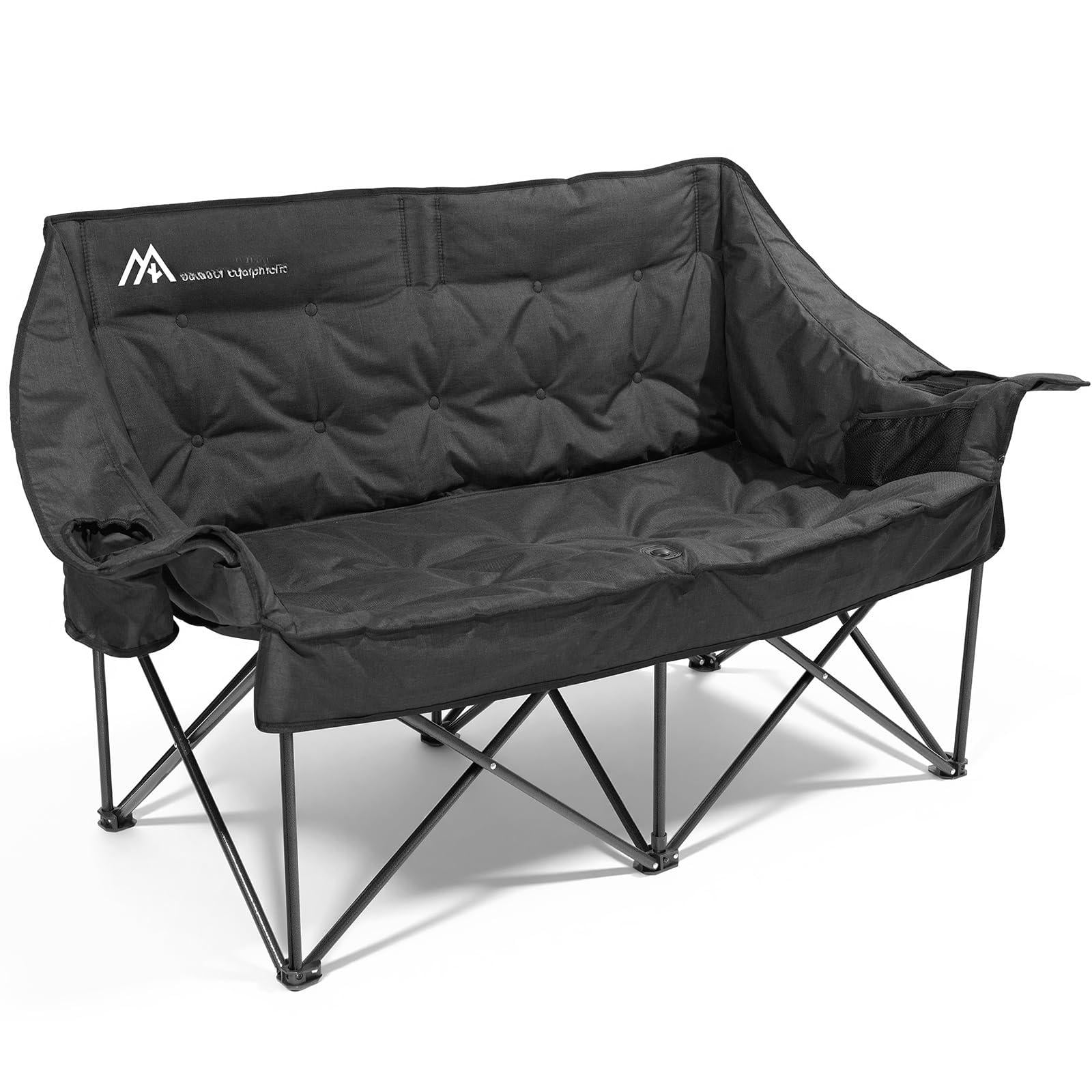 Black 2 Person Oversized Padded Double Camping Chair With Cup Holders ...