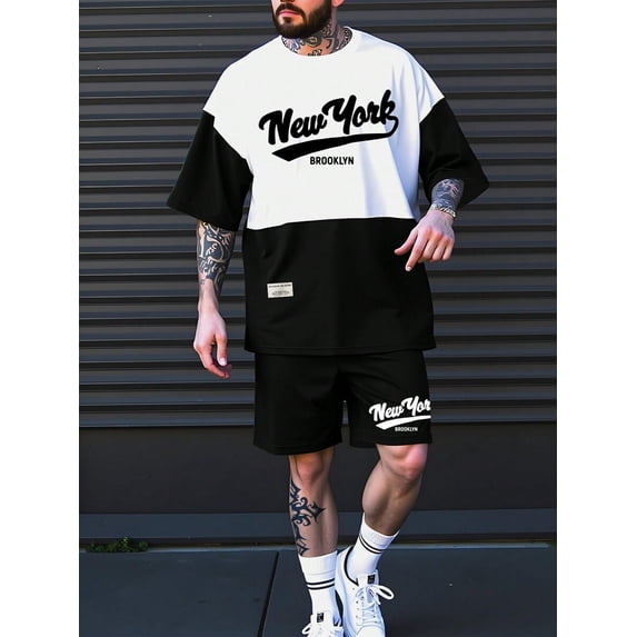 Black 2-Piece Mens Casual Sport Set: Color Block Round Neck Short ...