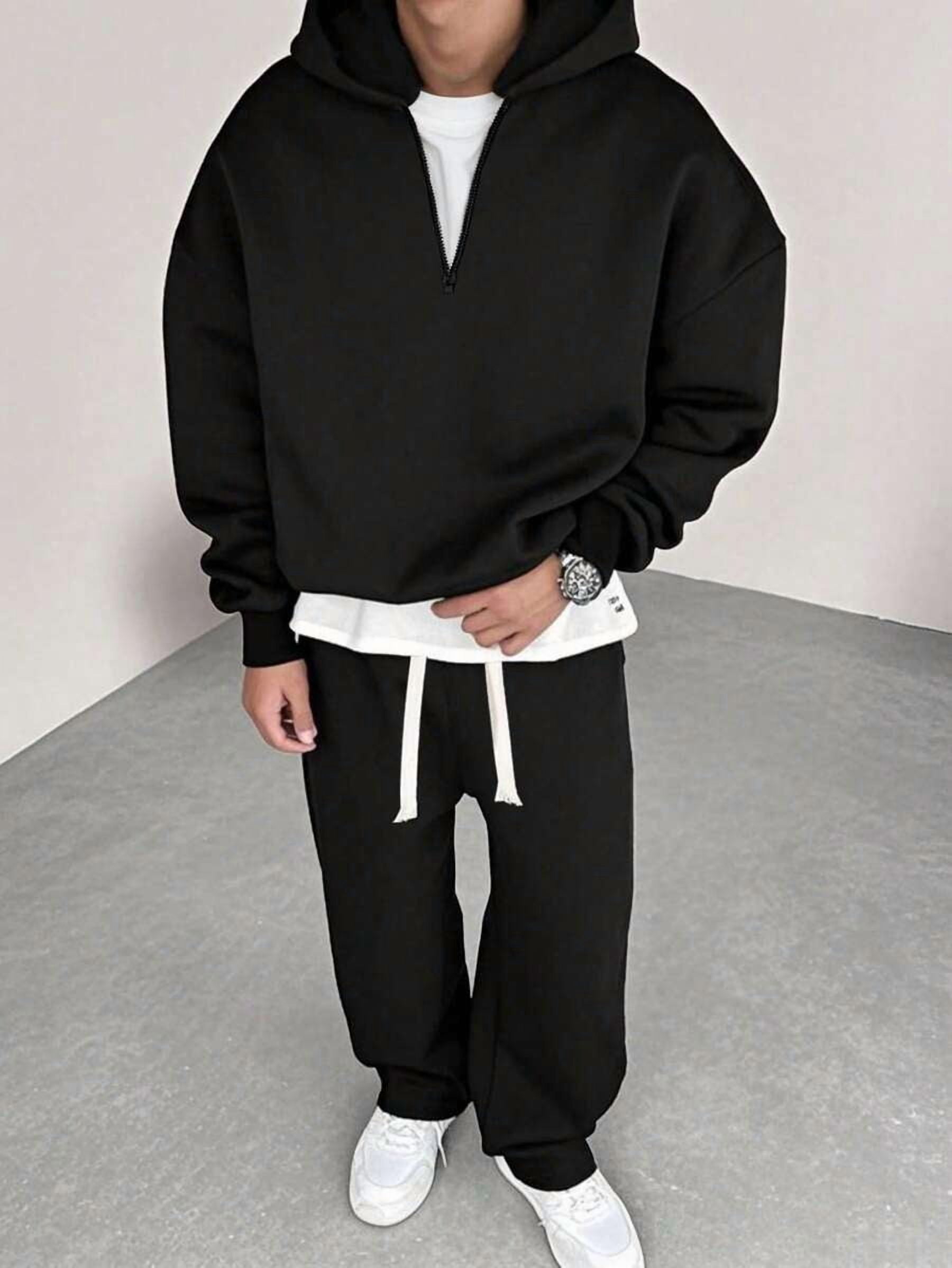 Black 2-Piece Mens Hooded Tracksuit Set Relaxed Fit Casual Sportswear ...