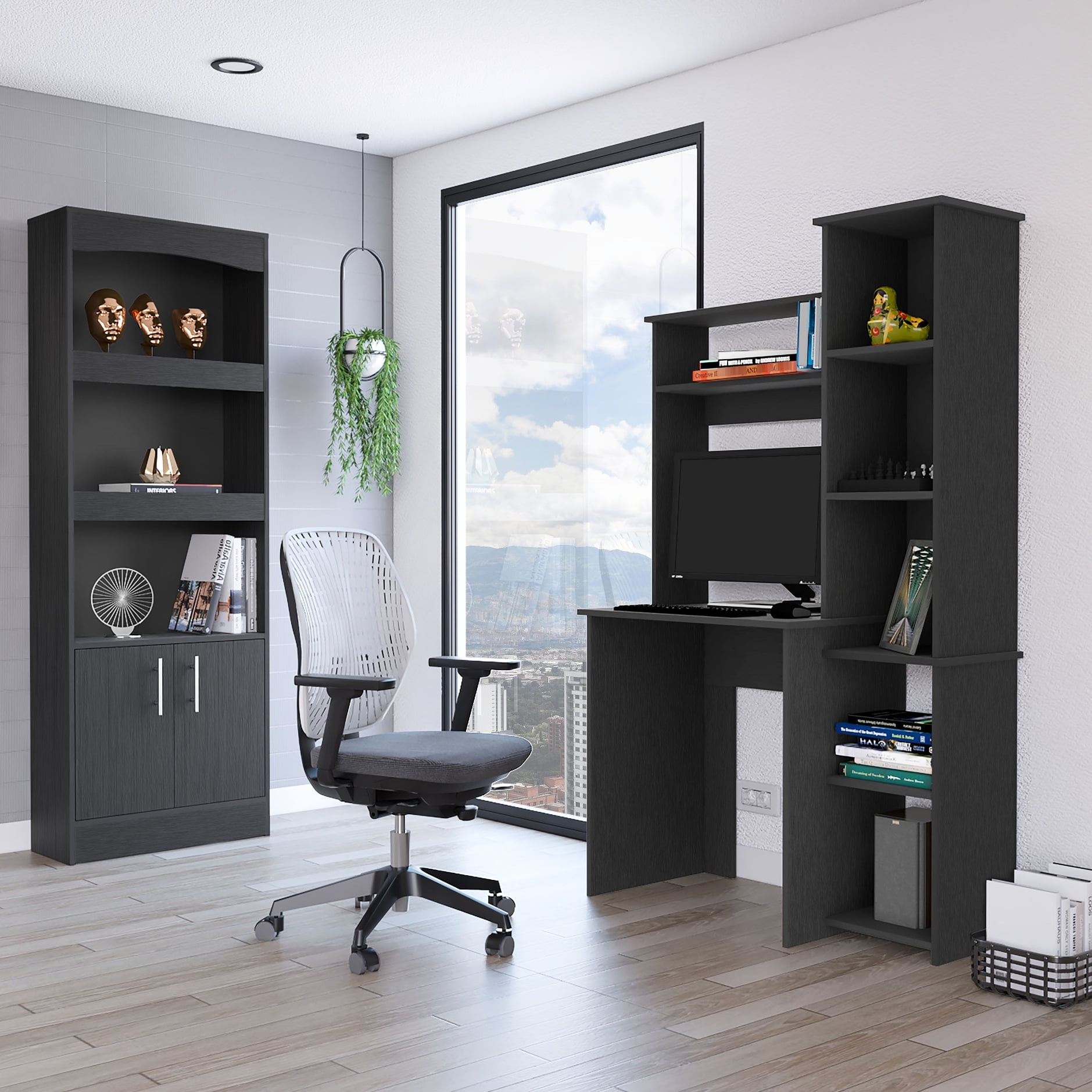 Black 2 Piece Office - Bookcase & Desk. Seamless Assembly With ...