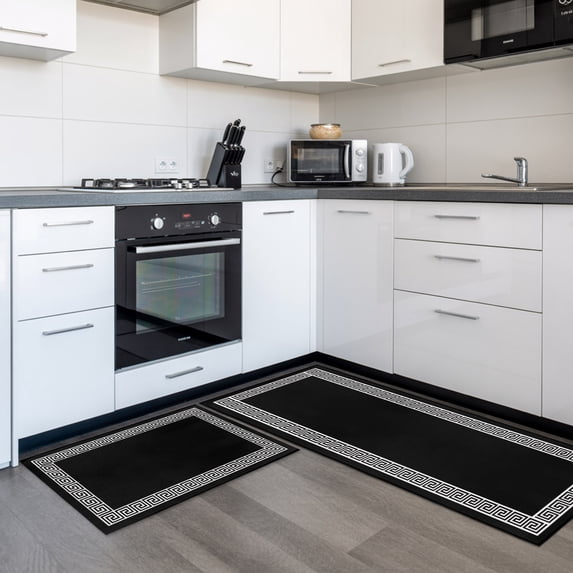 Black 2 Pieces Non-Slip Kitchen Mat Set, Greek Chinese Style Soft Door ...