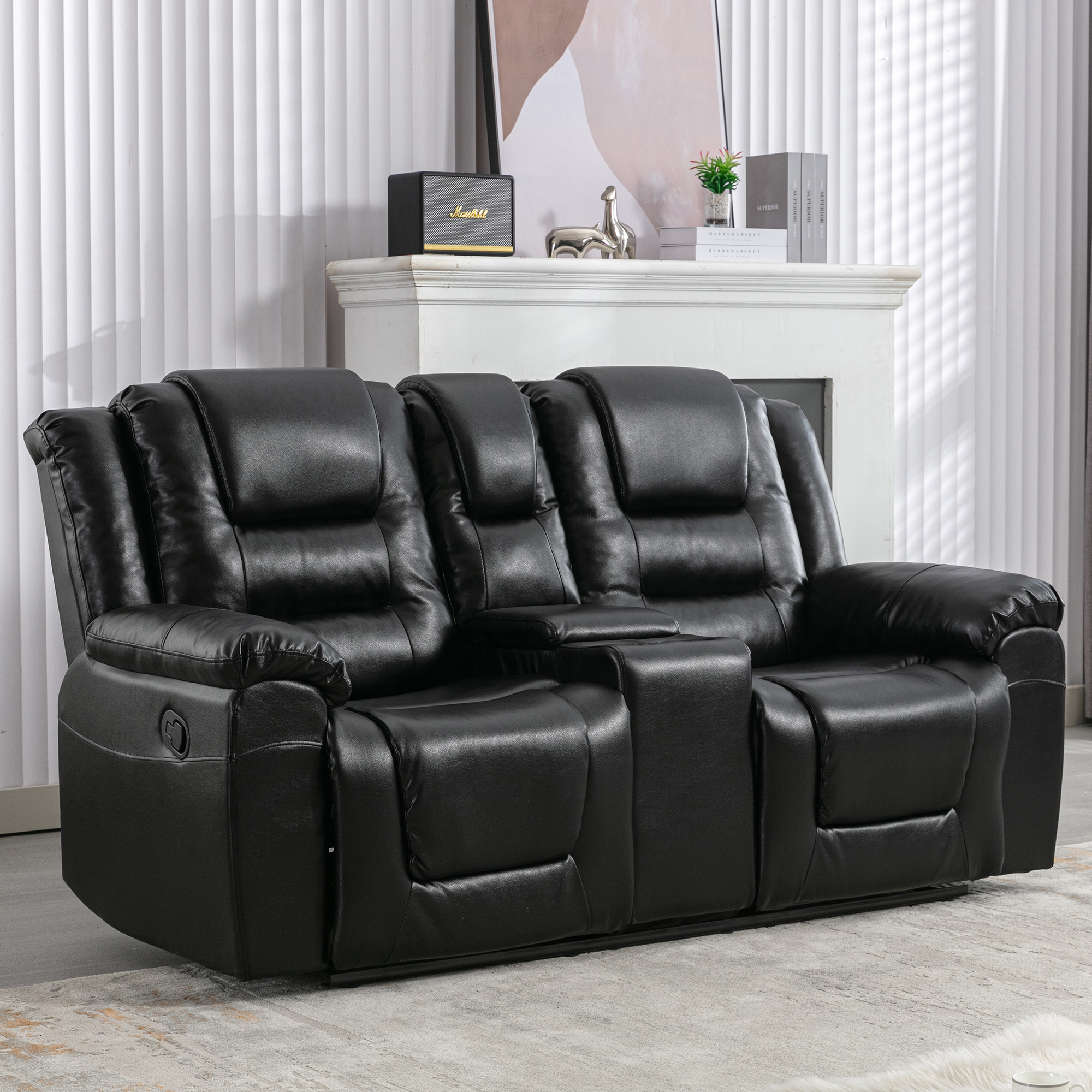 Black 2-Seater Manual Recliner Chair with Storage & Cup Holders for ...