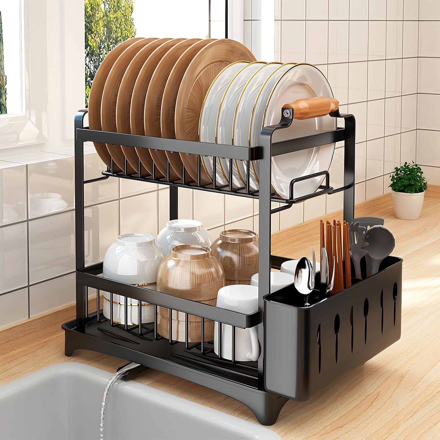 Black 2-Tier Dish Drying Rack with Removable Utensil Holder, over Sink ...