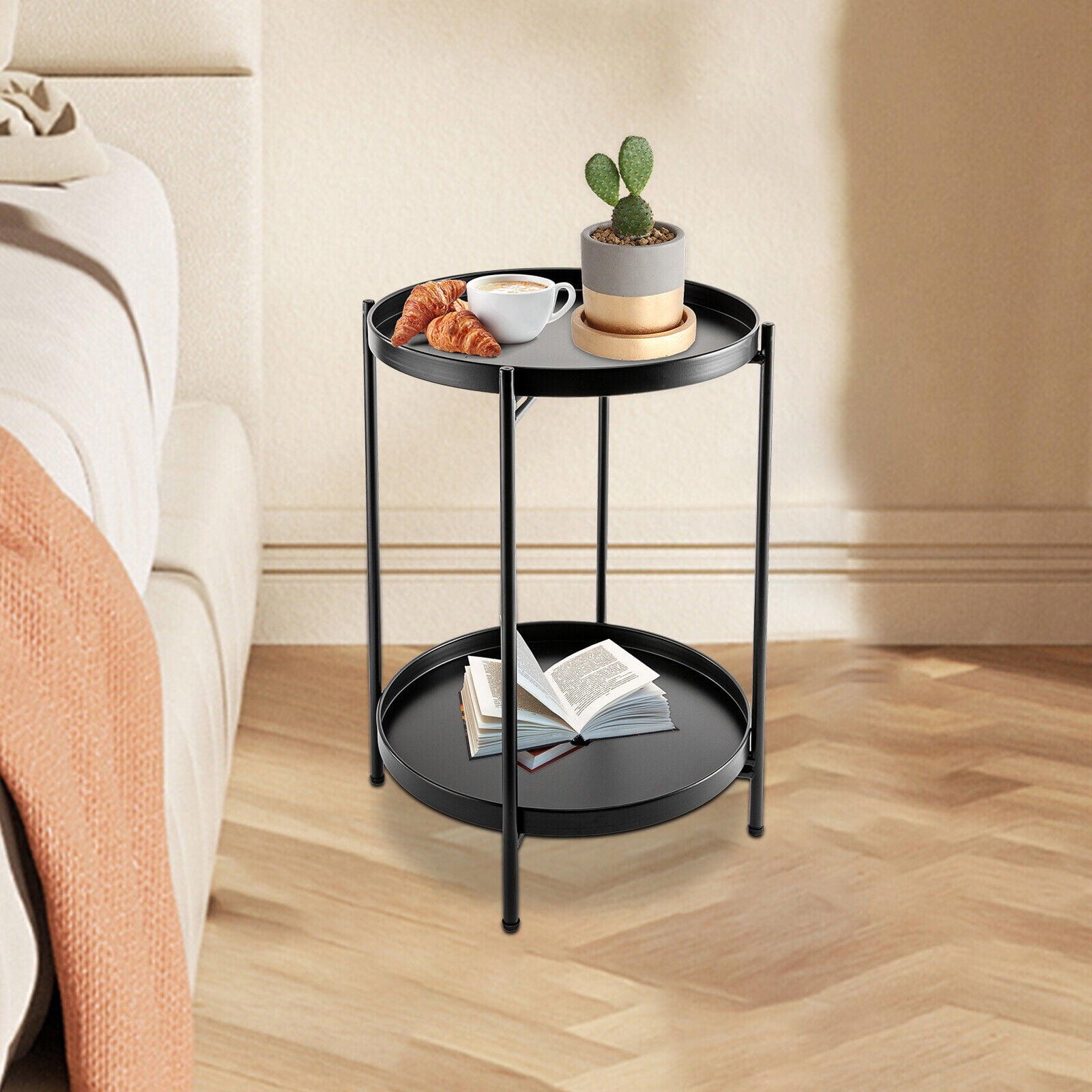 Black 2-Tier Small Folding Accent Table Outdoor Side Table Removable ...