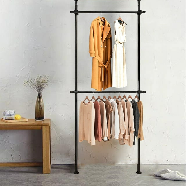 Black 2 Tier Telescopic Garment Rack Cloth Closet Organizer Clothes ...
