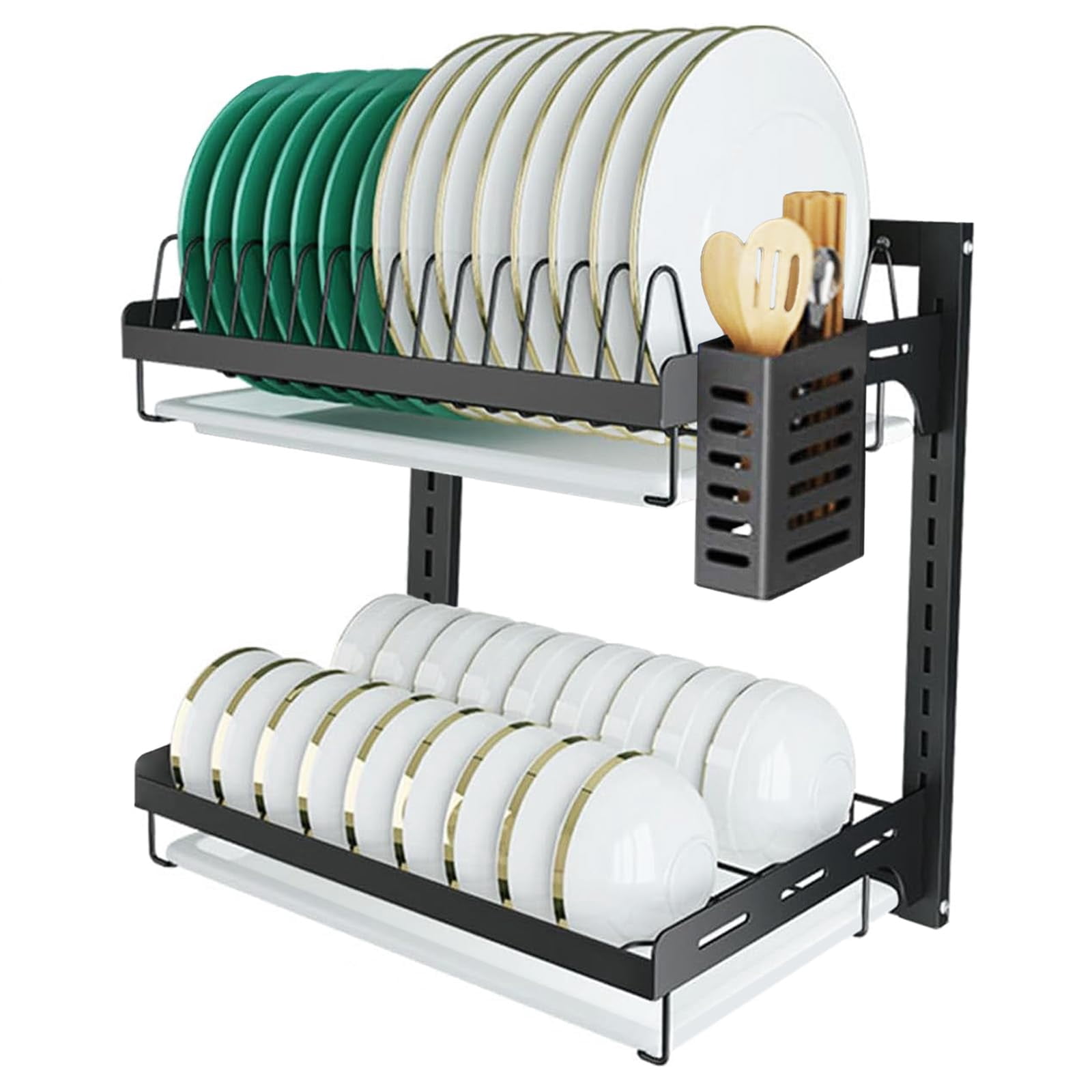 Black 2 Tier-Wall Mount Stainless Steel Dish Drying Rack Kitchen ...