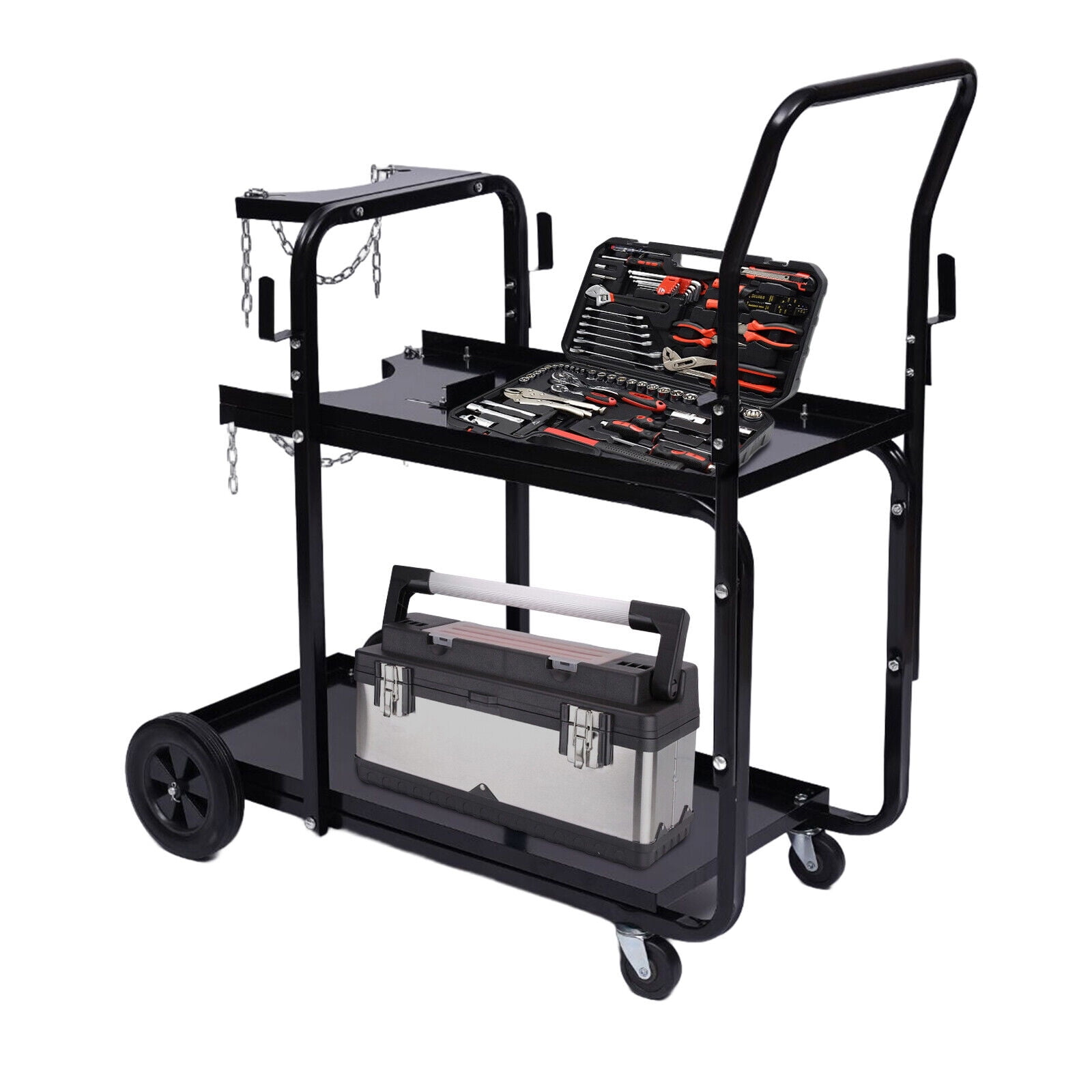 Black 2-Tier Welding Trolly Cart W/ Wheels for Transporting and Storing ...