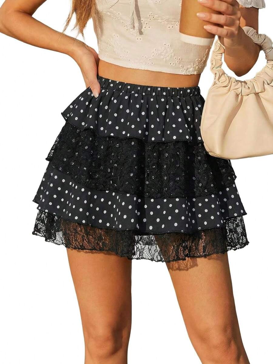 Black-2 Tiered Ruffle Mini Skirt For Women – Lace & Polka Dot Layered ...