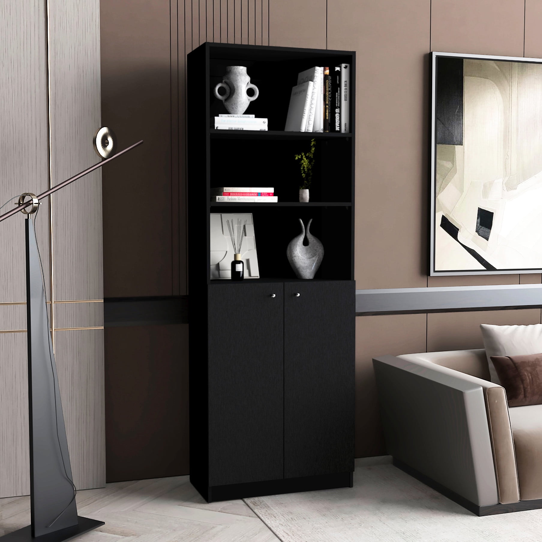 Black 2-door Bookcase With Concealed Storage And Three Open Shelves For ...