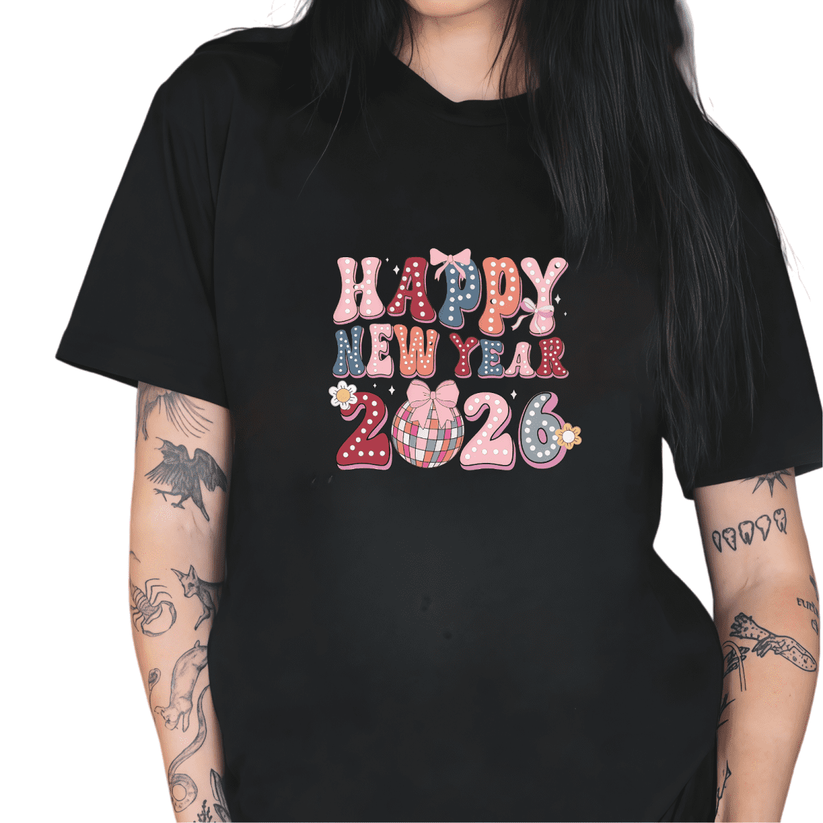Black 2026 Happy New Year Colorful Patchwork Graphic Tees Print Tshirt ...