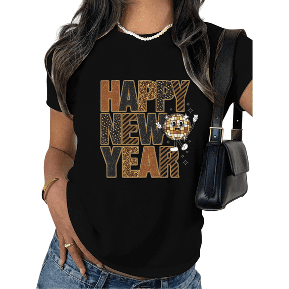 Black 2026 Happy New Year Leopard Print Tshirt Graphic Tees Shirts S ...