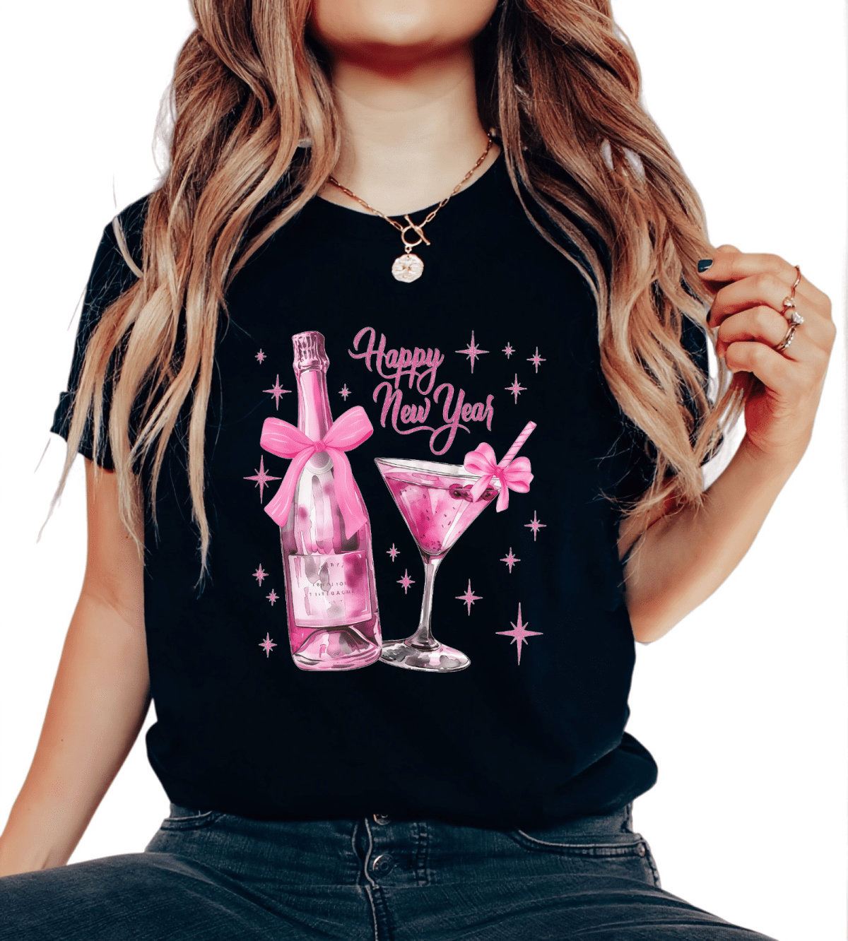 Black 2026 Happy New Year Pink Champagne Cocktail Graphic Tees Print ...