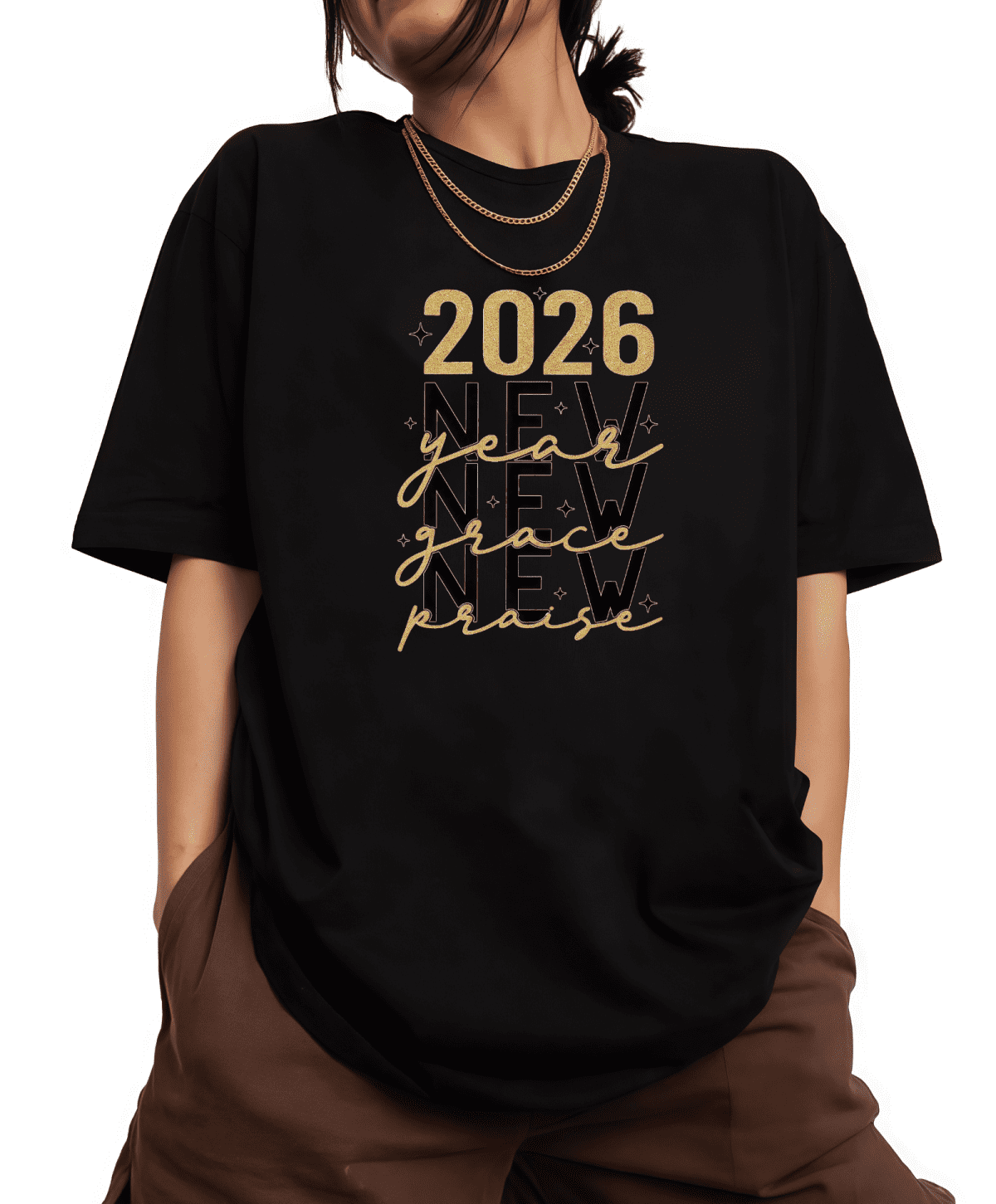 Black 2026 New Year Gold Layered Text Grace Praise Retro Graphic Tees Print Tshirt Shirts S-5XL ...