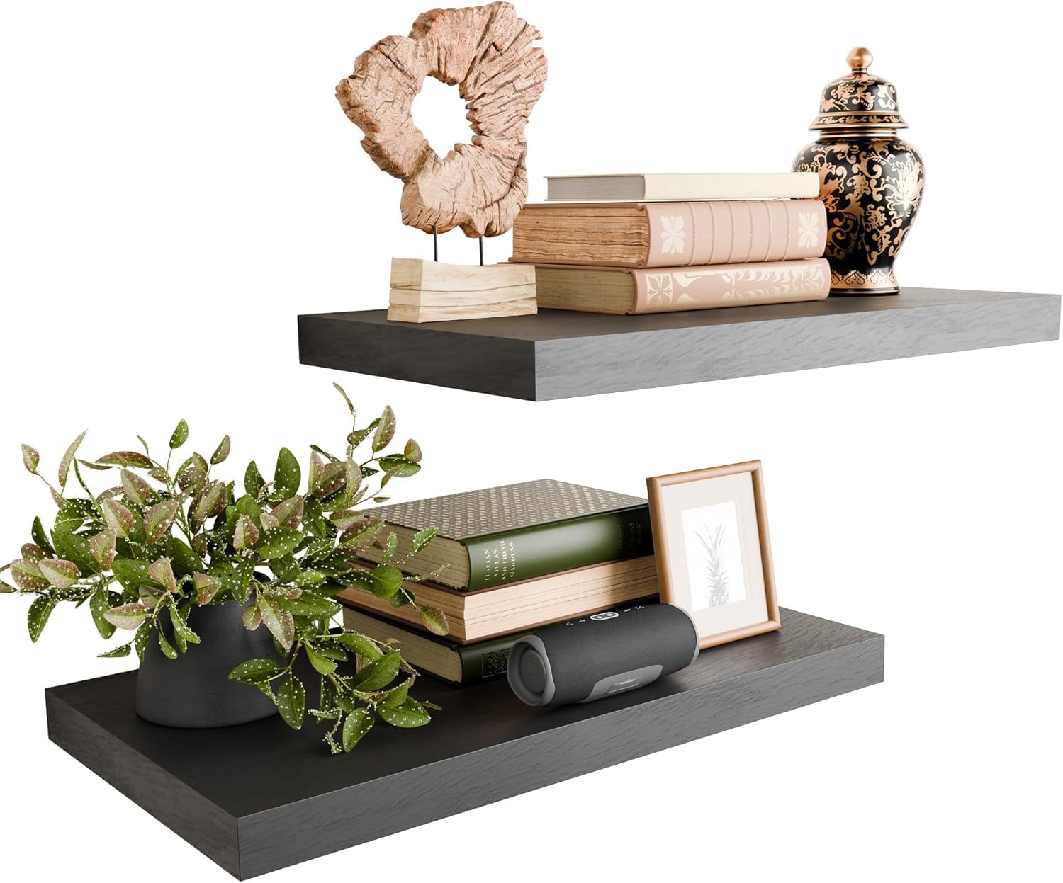 Black 24 Inch Rustic Floating Shelves Set of 2, Wooden Deep Floating ...