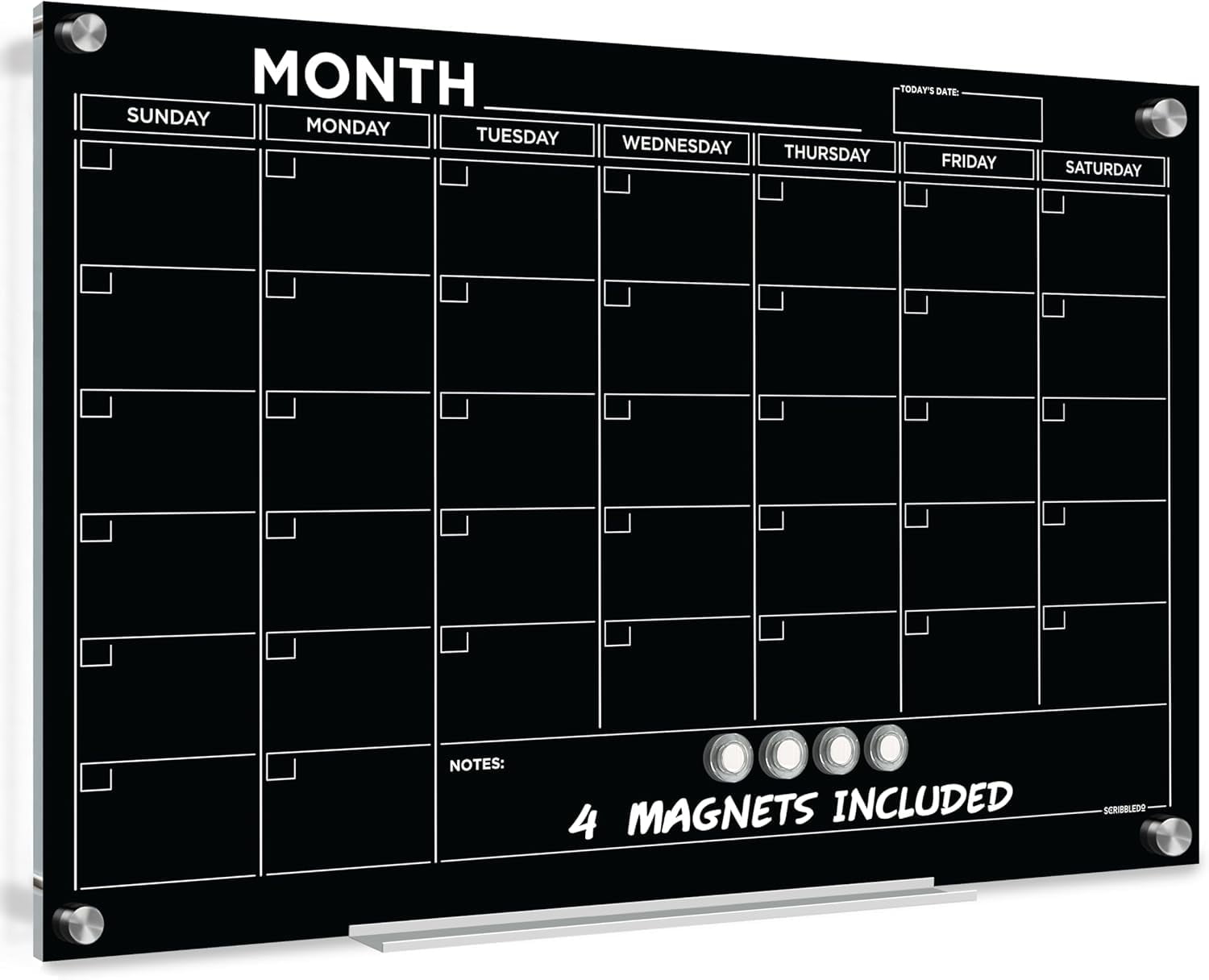 Black 24”x36” Magnetic Glass Whiteboard Calendar Planner White Board ...