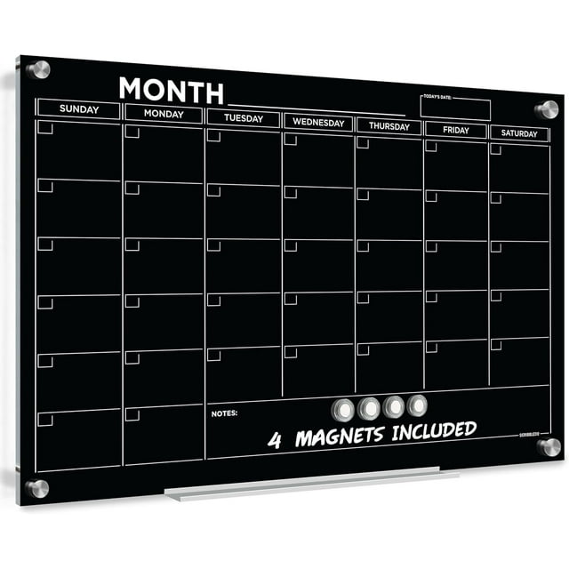 Black 24”x36” Magnetic Glass Whiteboard Calendar Planner White Board ...