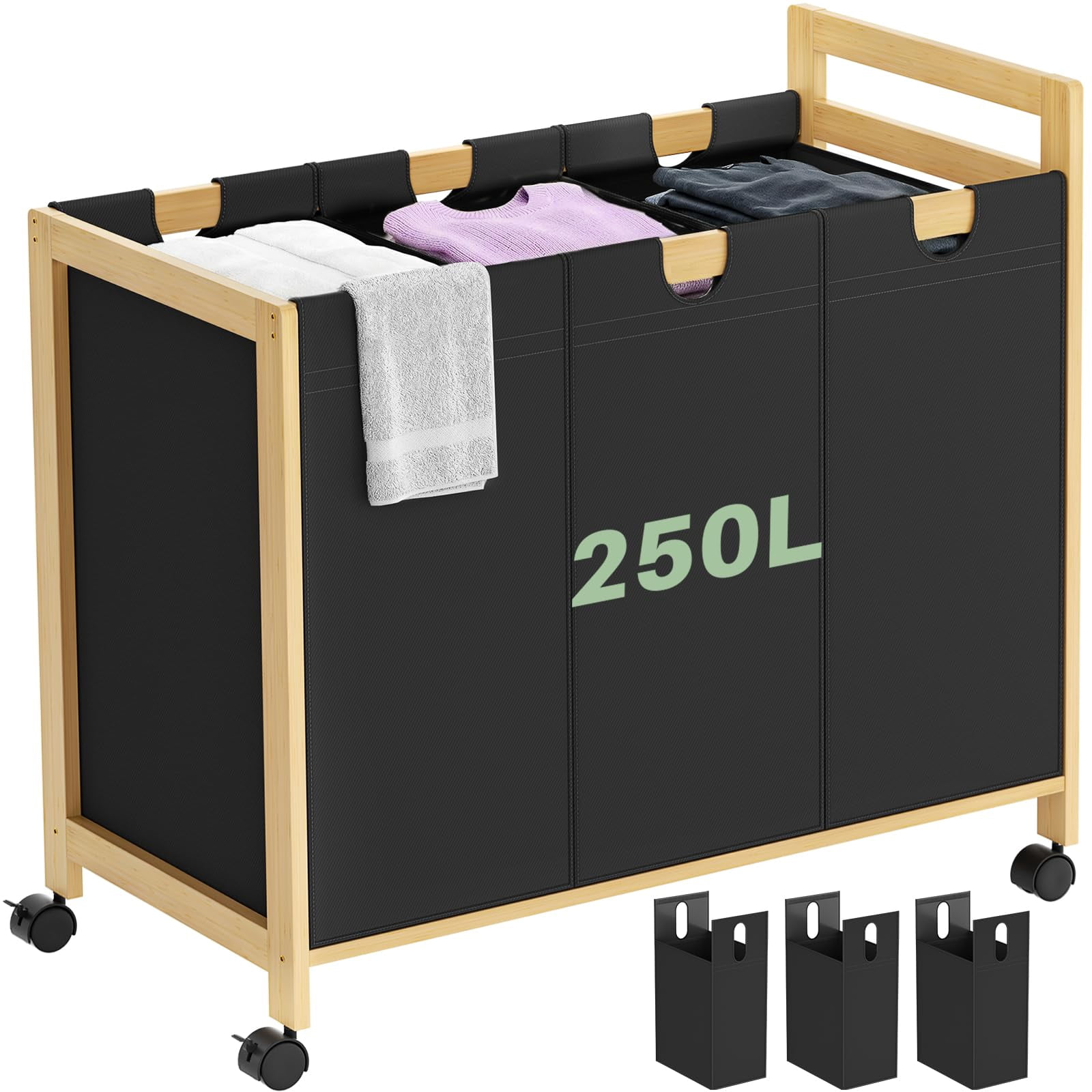 Black 250L 3-Section Rolling Laundry Sorter Cart - Walmart.com