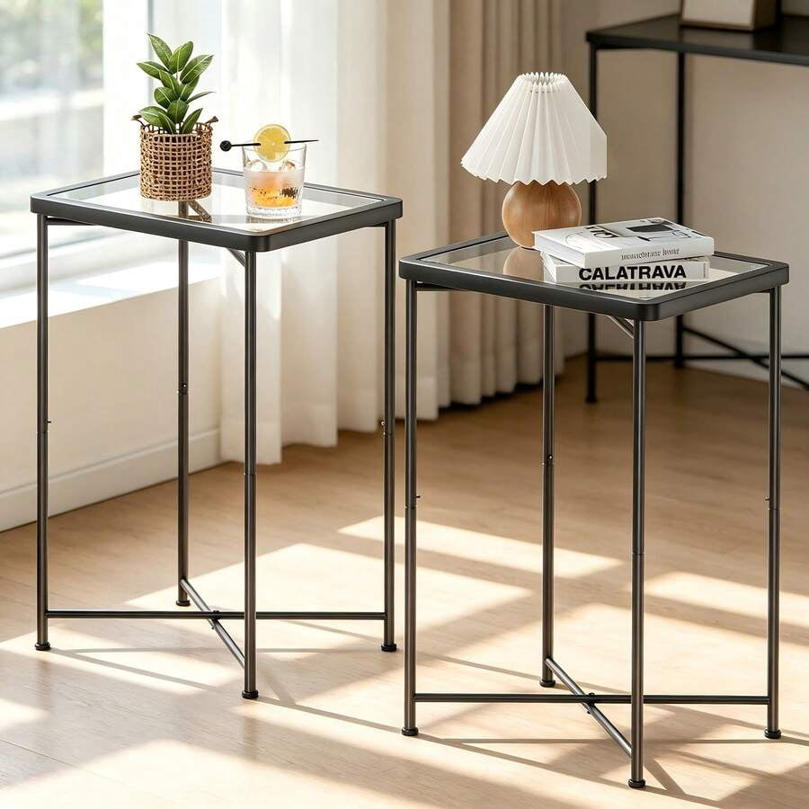 Black 2PC Modern Glass Top Side Table With Metal Frame End Table For ...