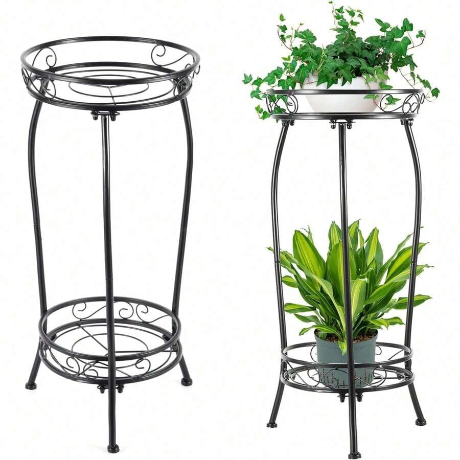 Black-2PS 2-Tier Tall Metal Plant Stand Indoor Outdoor Rustproof Stable ...