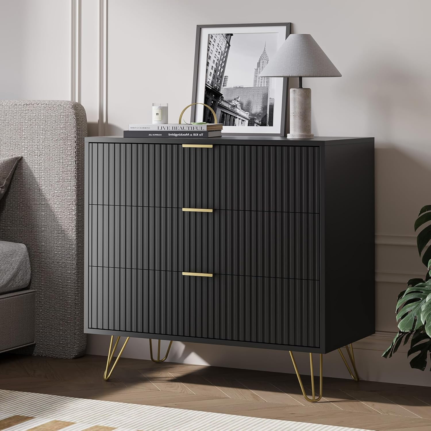 Black 3 Drawer Dresser for Bedroom, Modern Closet Dressers Chest of ...
